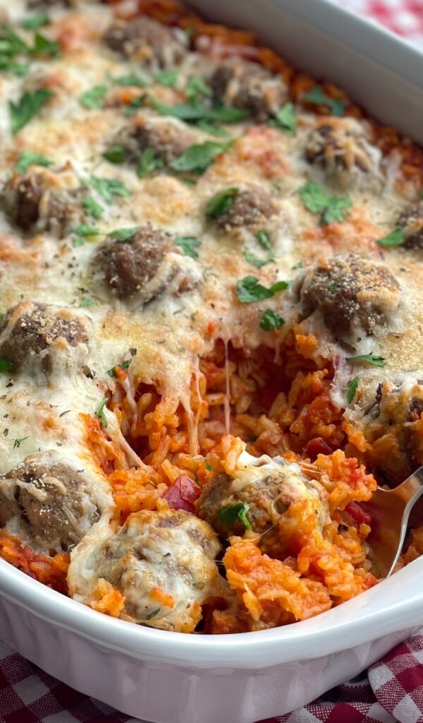 Dump & Bake Cheesy Meatball Rice Casserole